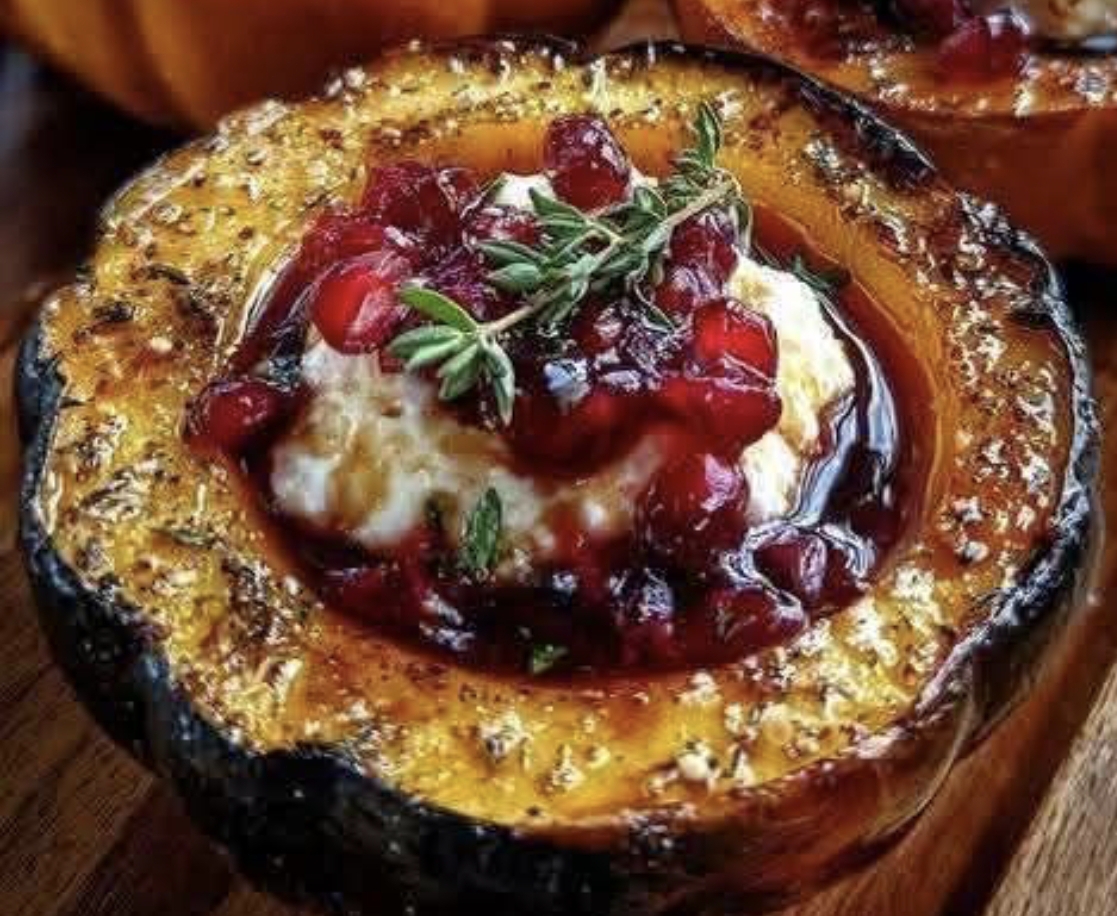 Honey-Glazed Acorn Squash with Creamy Goat Cheese and Cranberry Drizzle ...