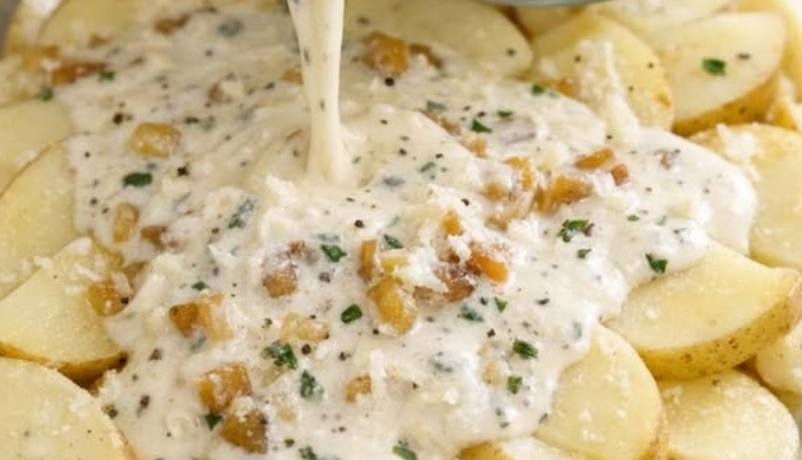 Pour this 1 creamy pour-over over potatoes into a glass casserole dish ...